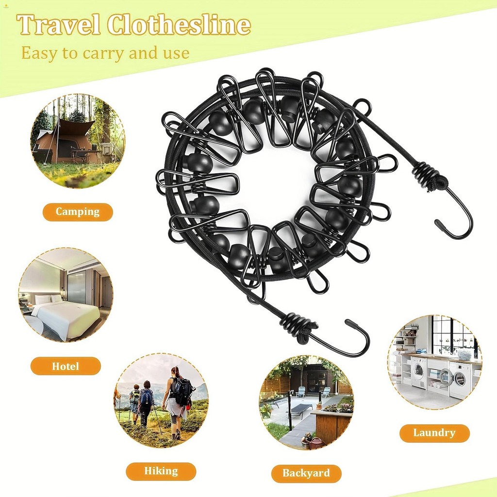 Windproof Clothesline with 12 Clips Sturdy Elastic Laundry Line Clothes ...