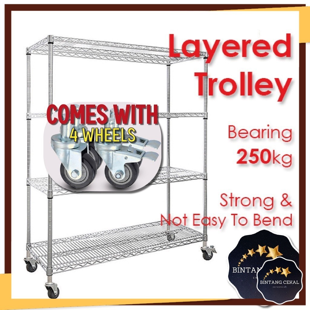 [BC] Rak Troli Besi 4 Tingkat - Trolley Rack Stainless Steel With Wheel ...