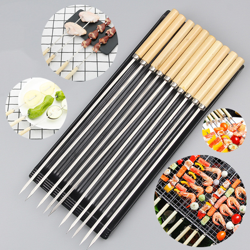 10/20 PCS BBQ Skewer Stainless Steel Stick with Wood Handle Reusable ...