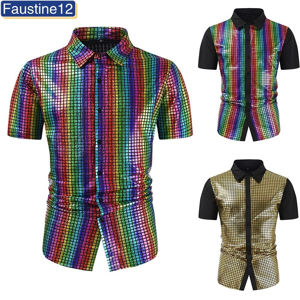 [Faustine 0626] Mens 70s Disco Costume Gold Sequins Short Sleeve Button Down Shirts Blouse Top ...