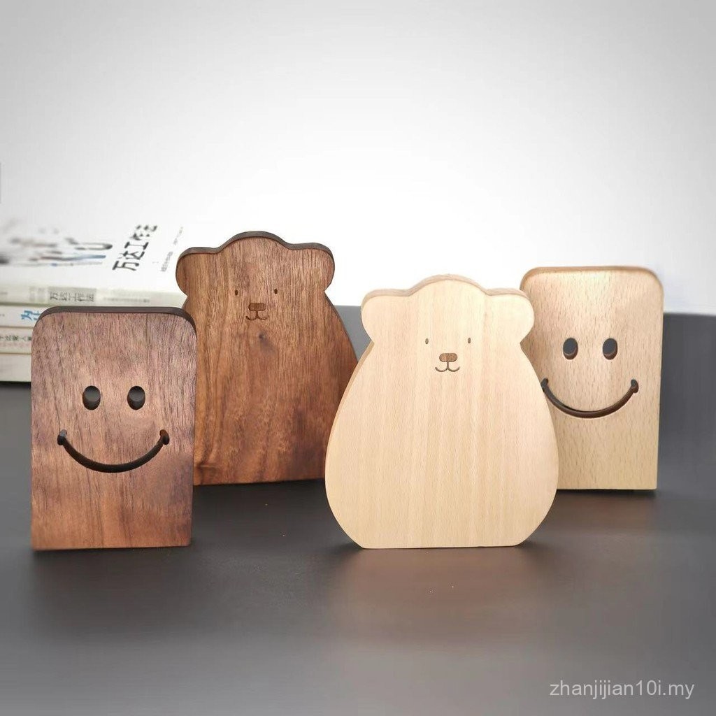 Simple Bear Smiley Wooden Bookend Creative Black Walnut Beech Bookshelf ...