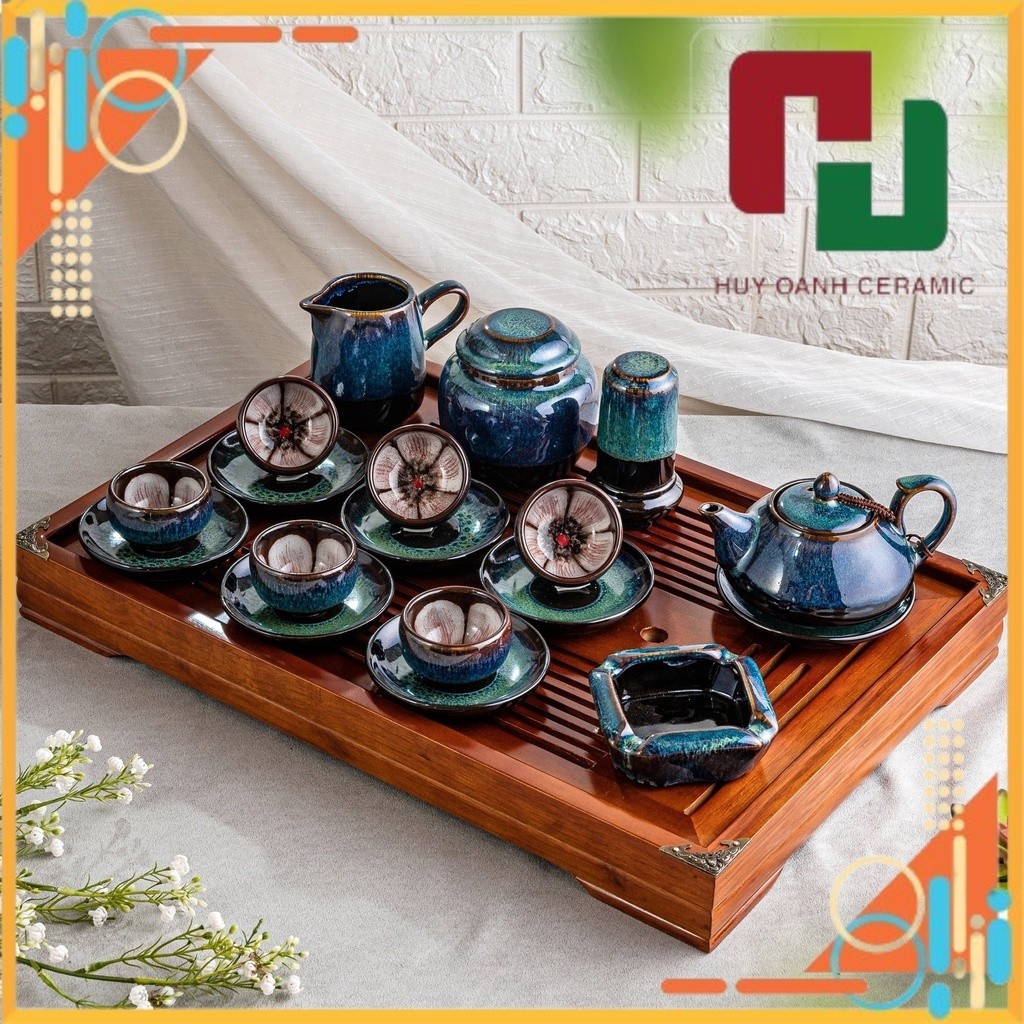 Bat TRANG tea set with fire-green enamel, flower heart cup, tree stump ...