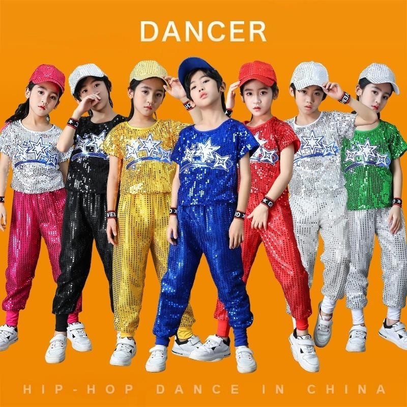 Children shiny golden sequins short sleeve tops and pants set T-shirt ...