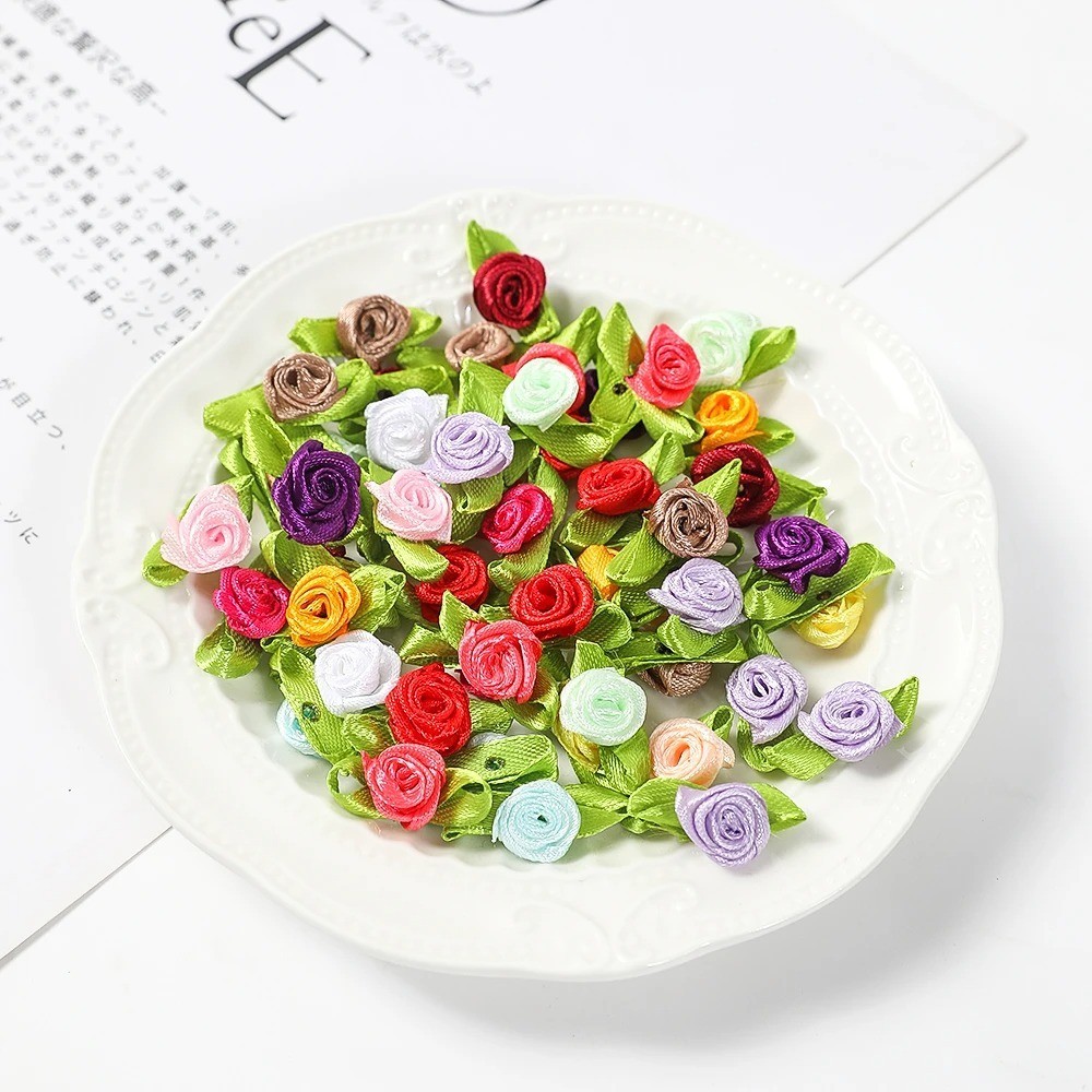 50PCS Mini Handmade Rose Flower Satin Ribbon Rosettes Fabric Appliques ...