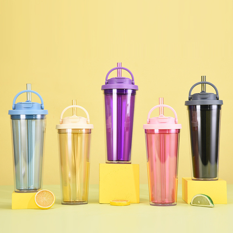 【LUCKY】2024 Double-layer plastic straw cup, pearl milk tea cup, thick ...