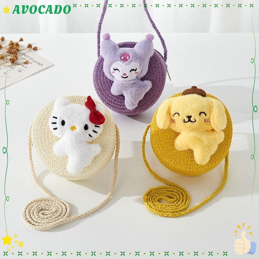AVOCADD Kuromi Straw Bag, Rattan Woven Purin Melody Straw Handbag ...