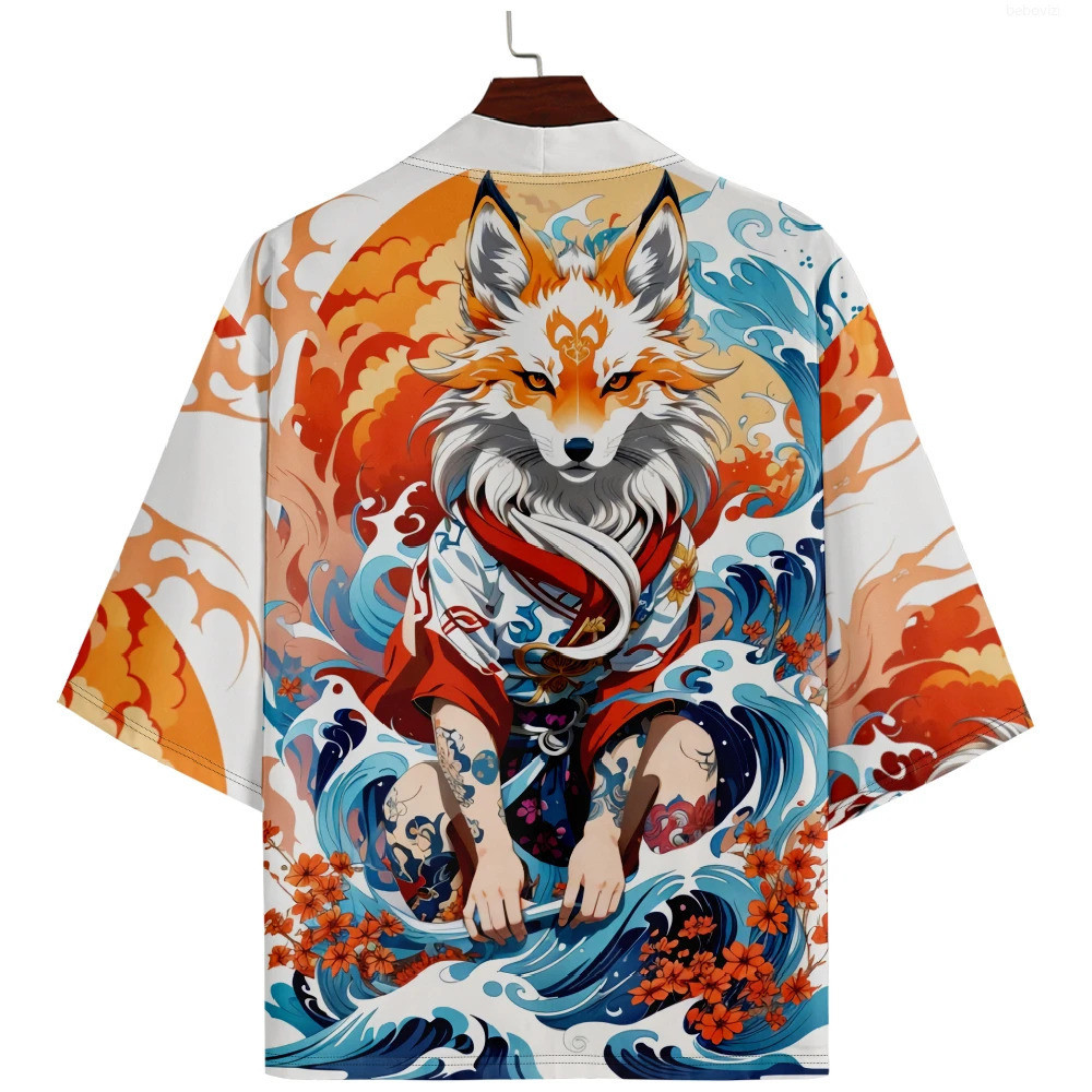 Japanese Anime Fox Wave Print Samurai Kimono 2024 Harajuku Men Women ...