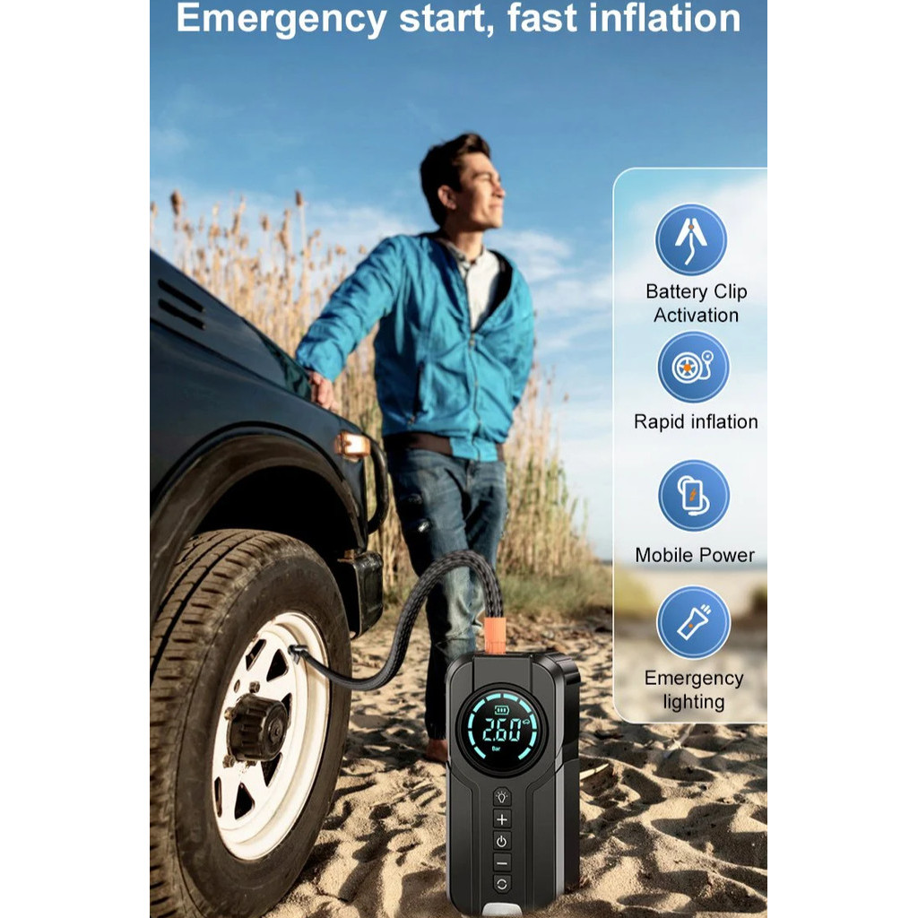 Portable wireless car inflatable pump with emergency starting power ...