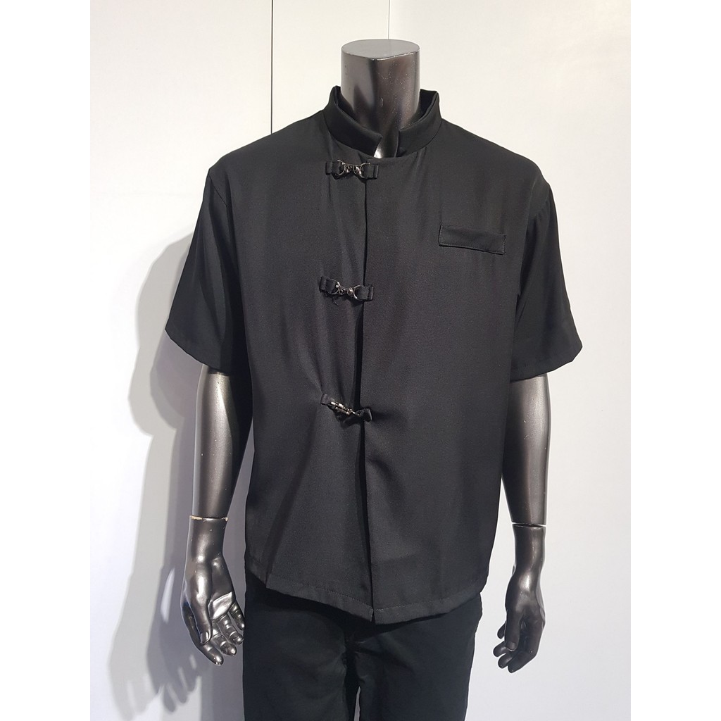 Modern Black Mandarin Collar Shirt with Buckle Closures | Shopee Malaysia