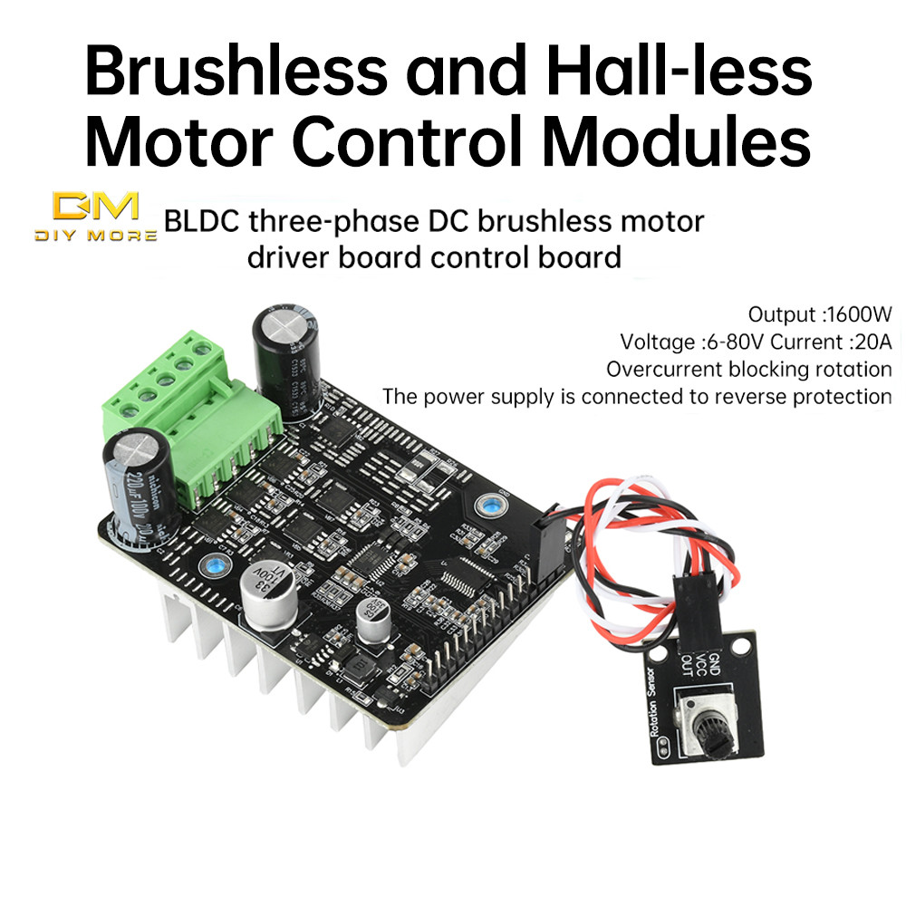 DIYMORE BLDC DC 6-80V Three-phase DC brushless Hallless motor controller High power 1600W 50A ...