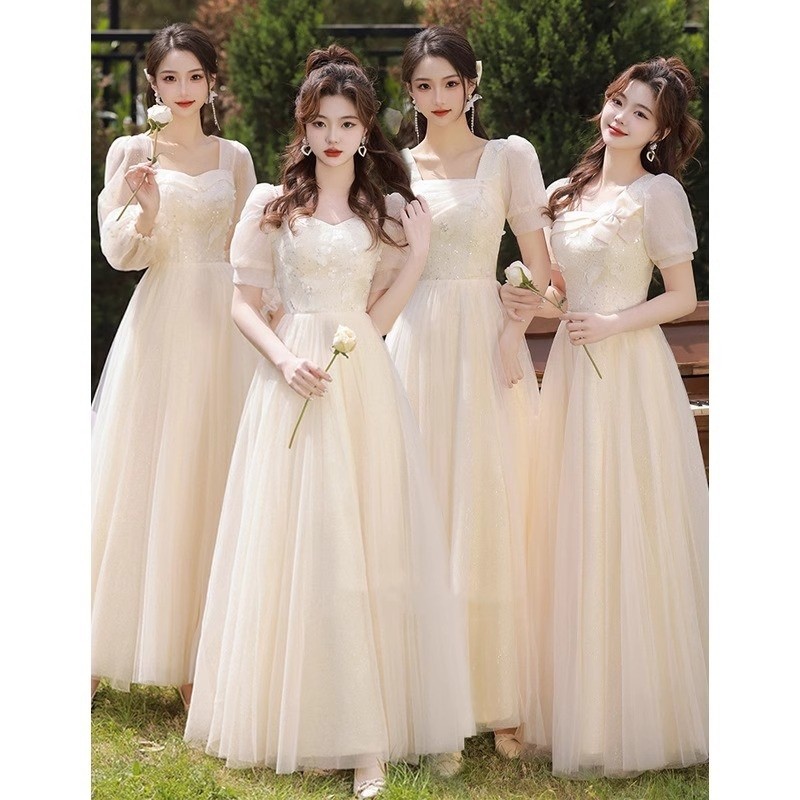 2025 New Champagne Medium-length Bridesmaid Dress Puff Sleeves Super ...