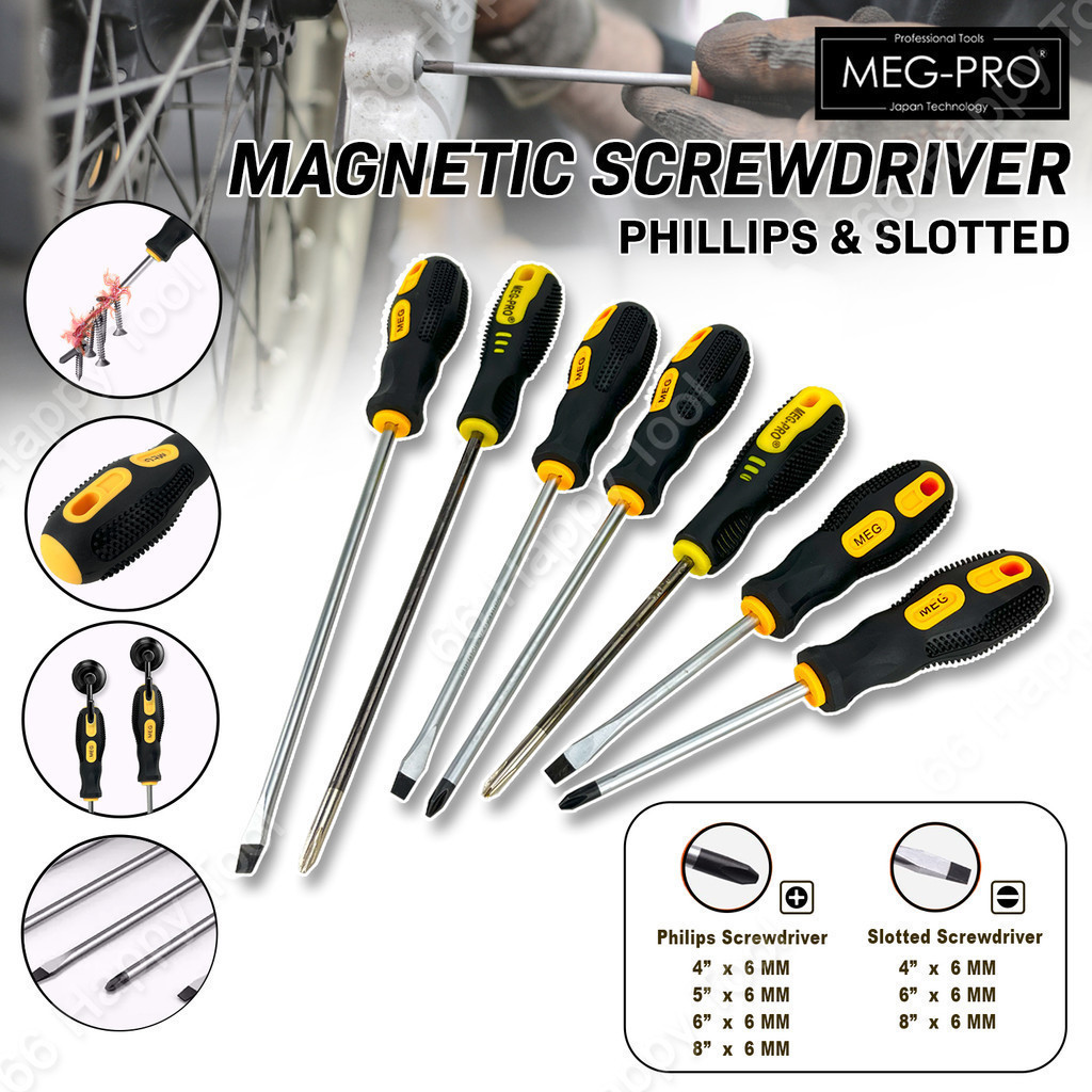 MEG-PRO Magnetic Screwdriver 6mm Tip 4" 5" 6" 8" Philips Slotted Soft ...