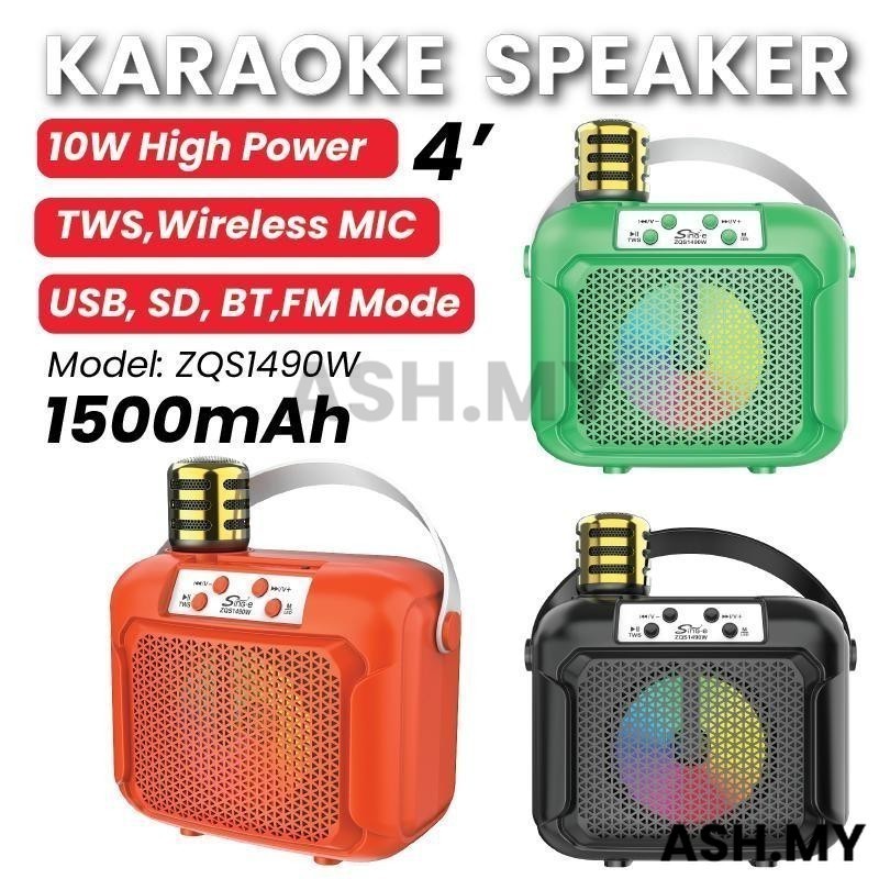 Single-e ZQS-1490W portable mini karaoke Bluetooth speaker 4 inch RGB light with wireless mic ...