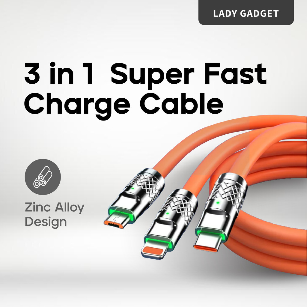 3 In 1 Zinc Alloy Charger Cable 120W 6A Super Fast Charger Type C ...