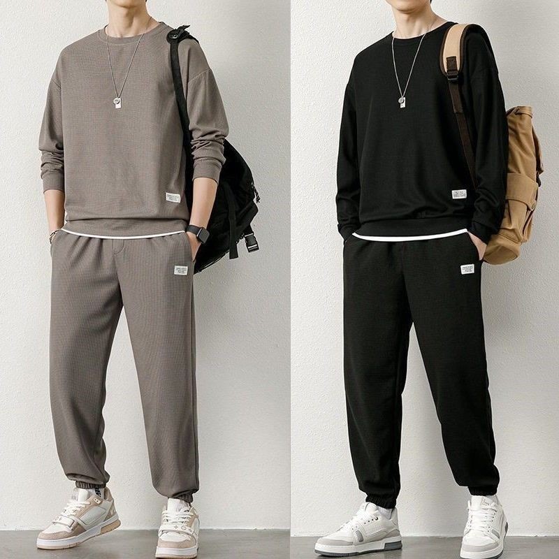 Waffle Suit Men's New Style Casual Sports Long-Sleeved Trousers Two ...