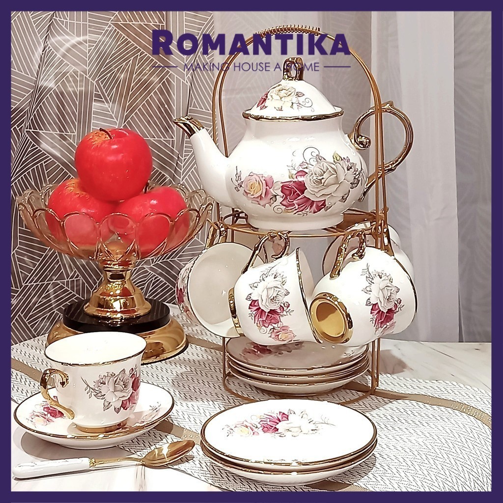 Romantika Ceramic Tea Set 13pcs with Metal Holder Tea Mugs Set ...