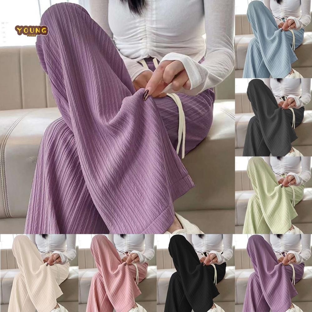 Pants Drawstring Wide Leg Pants Polyester Slight Stretch Solid Color ...