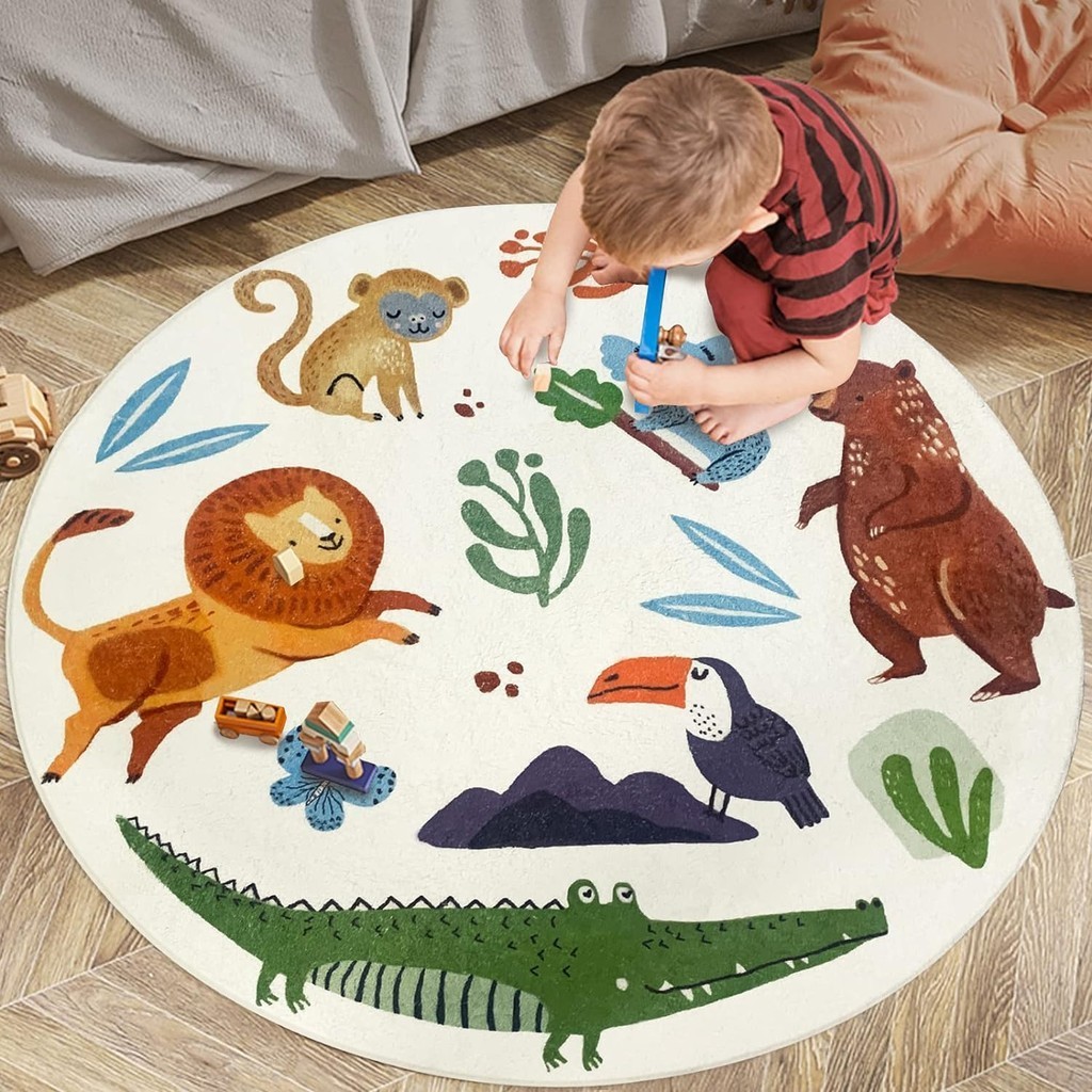 Kids Rug Play Mat 4Ft Round Jungle Animal Rug Carpet Circle Zoo Bedroom ...