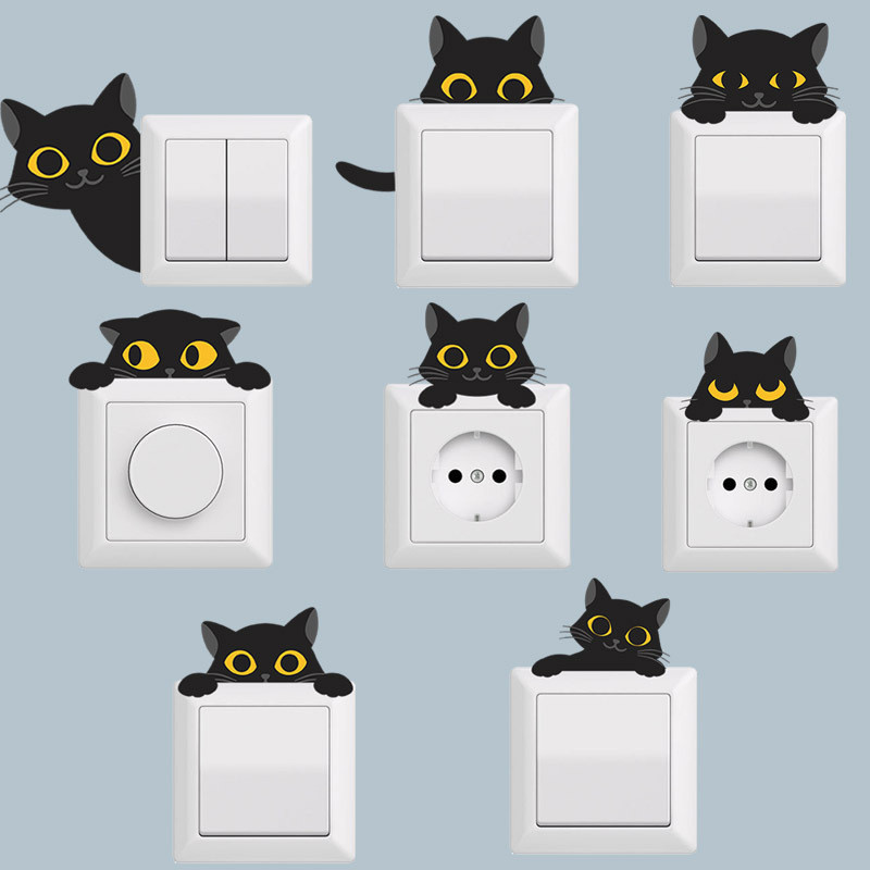 Halloween Removable Switch Sticker, 8 Cute Black Cats in Cartoon Wall ...