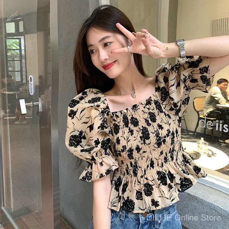 French Square Neck Floral Shirt Design Short Shirt | Shopee Malaysia