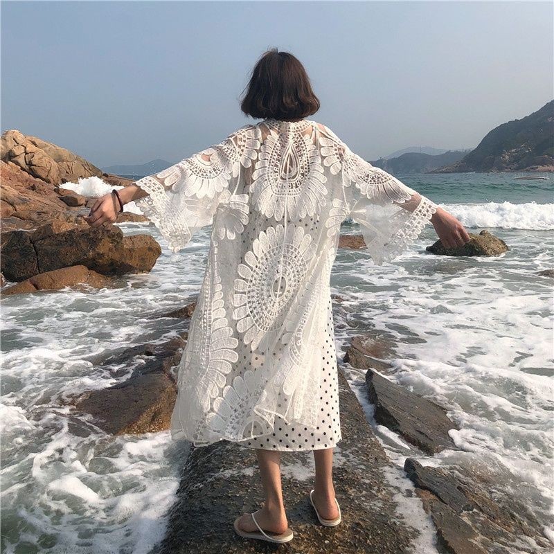 Trendy Korean Mid-Length Lace Beach Cover-Up Lightweight Sun Protection ...