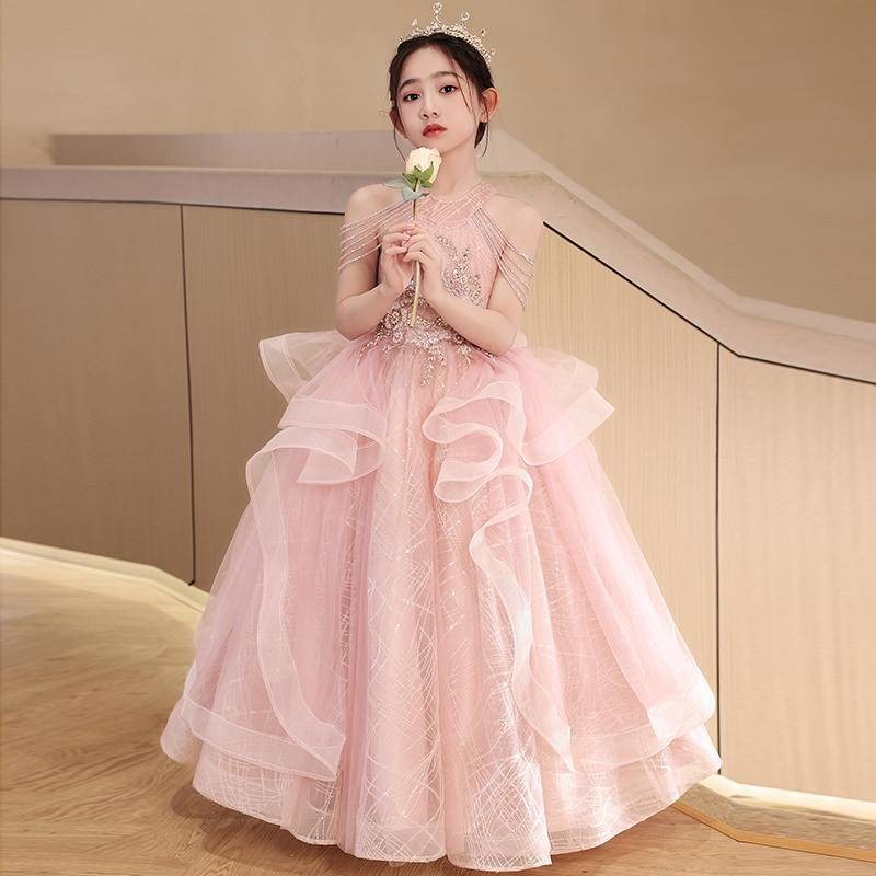 Girl High End Princess Dress Birthday Banquet Pink Gauze Dress Host ...