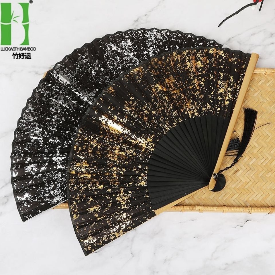 Bamboo Good Luck Sprinkled Gold Silver Silk Cloth Folding Fan Bamboo ...