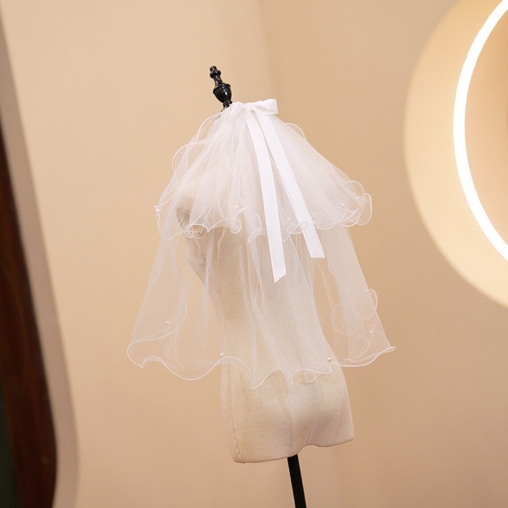 LED Lights Pearls Ribbon Bow Bridal Veil Double Layer Short Veil with ...