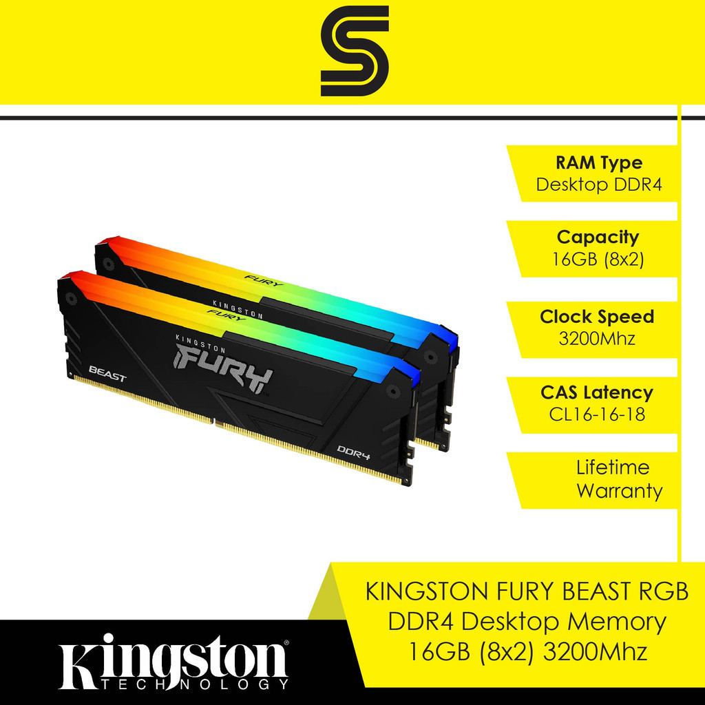KINGSTON Fury Beast DDR4 Desktop Memory 16GB (8x2) 3200Mhz | Shopee Malaysia