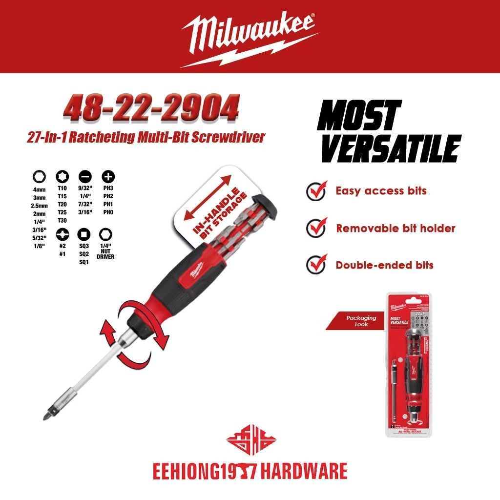 MILWAUKEE 48-22-2904 27-in-1 Ratcheting Multi-Bit Screwdriver In-handle ...