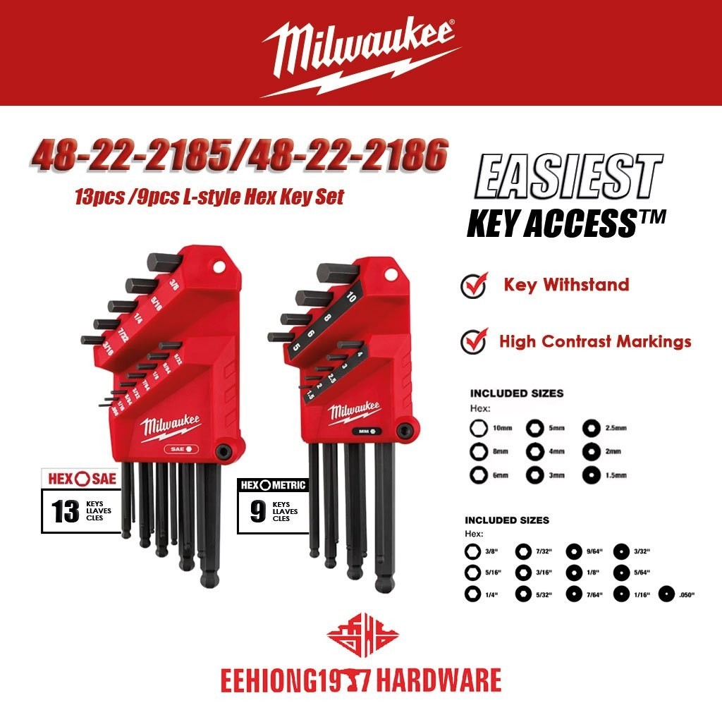 MILWAUKEE 48-22-2185 48-22-2186 13pcs 9pcs Key Ball End L-style Hex Key ...