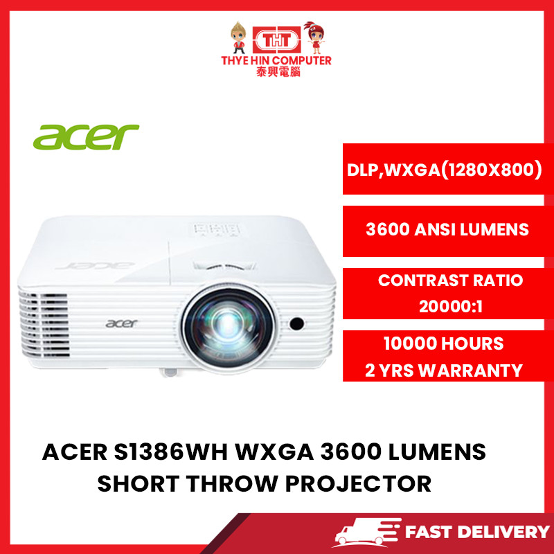 ACER S1386WH WXGA 3600 LUMENS SHORT THROW PROJECTOR WXGA 1280*800 20000 ...