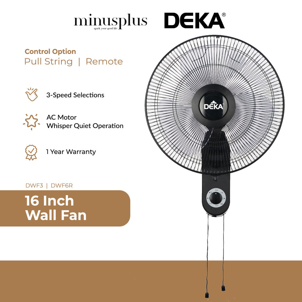 Deka AC Motor 3-Speeds Wide Oscillation Wall Fan (16" - Pull String ...