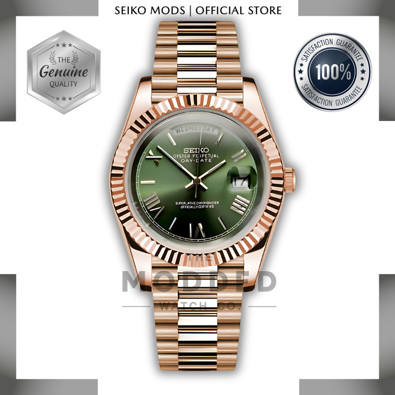 [MODDED] SEIKO MOD DAY DATE 40MM OLIVE GREEN DIAL 18K ROSE GOLD - Men ...