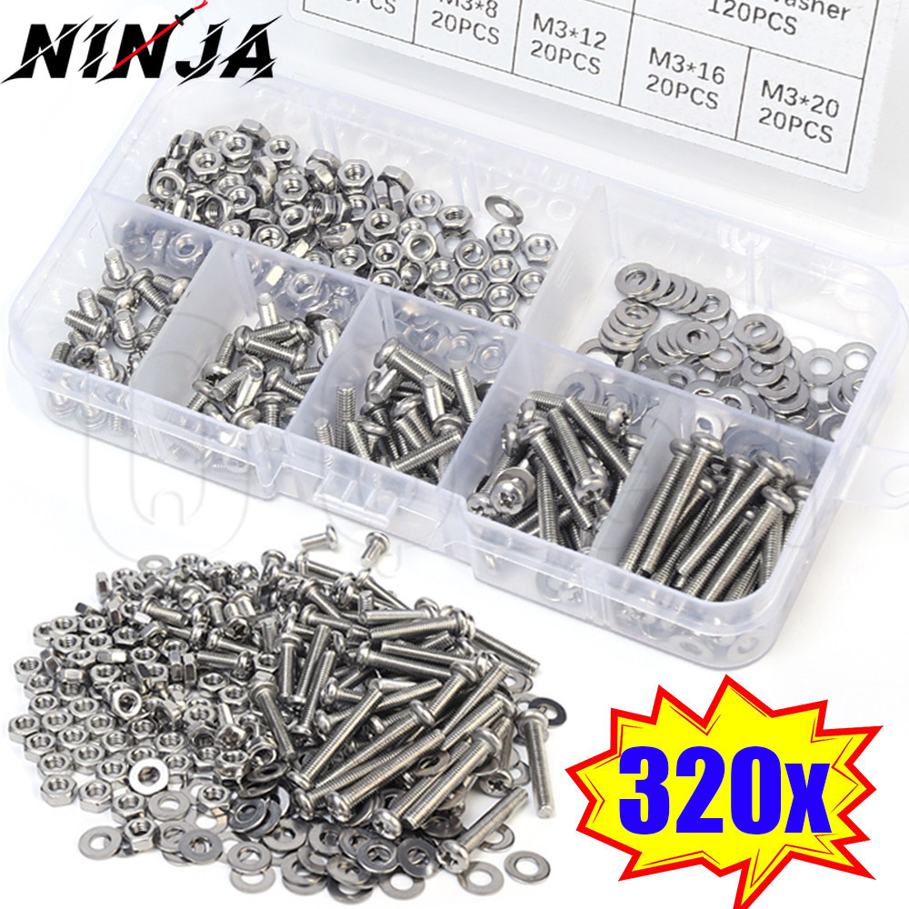 320Pcs/Box Stainless Steel M3 Screws Nuts Kit - Multi Size Metric Hex ...