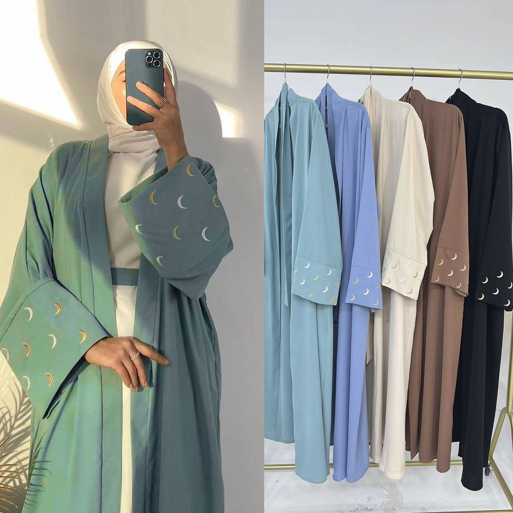 Ramadan Dubai Cardigan Abaya Moon Embroidery maxi dress Islam Arab robe ...