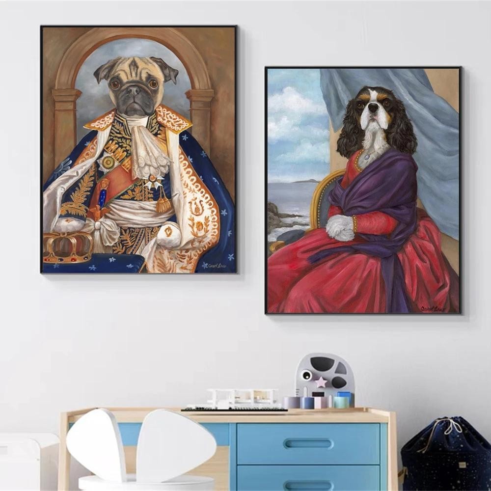 Poster Cetakan Kanvas Anjing Pug & Cavalier King Charles Spaniel Gaya ...