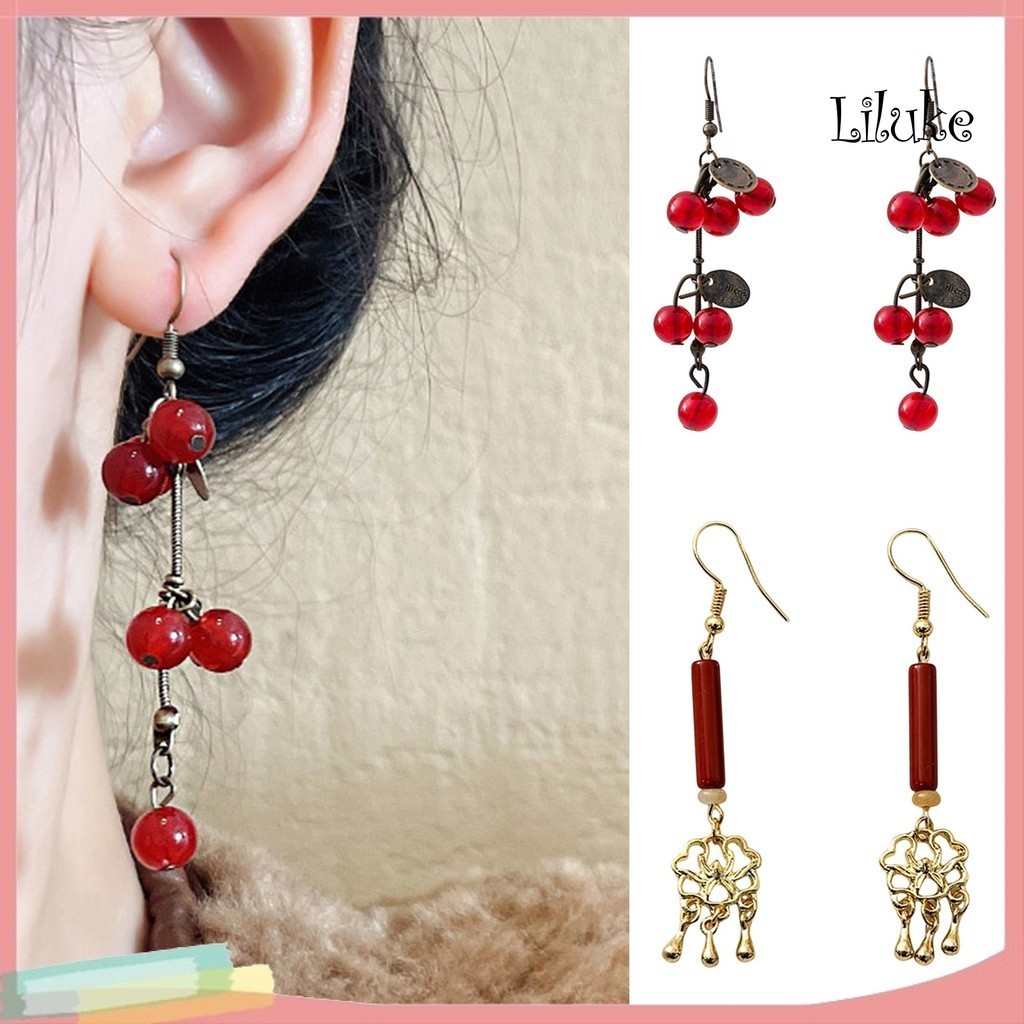 [LK] 1 Pair Women Hook Earrings Beaded Vintage Chinese Style Hanfu And ...