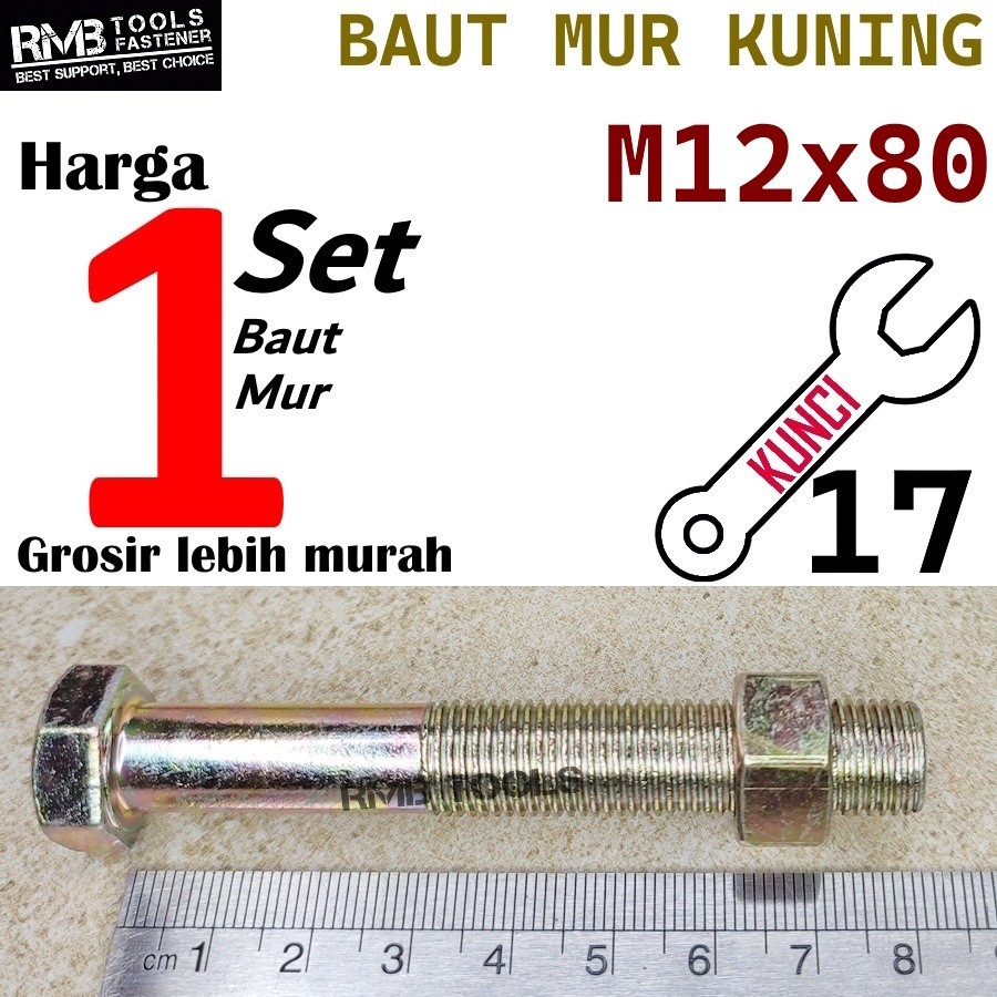 Yellow Nut Bolt M12 x 80 (8cm) Hex Iron BMK Key 17 K17 Grade 4.6 M12 ...