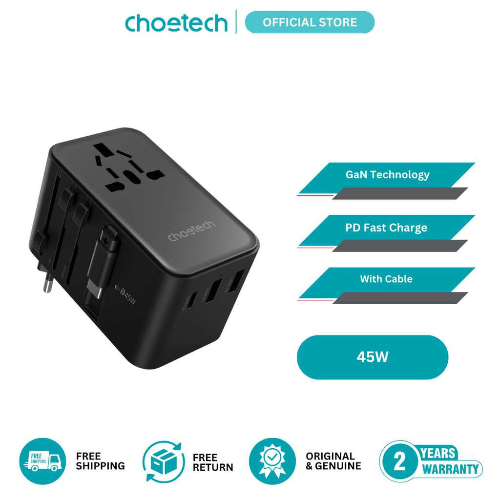 Choetech PD5021 PD5022 45W/70W GaN Universal Travel Adapter with USB-C ...