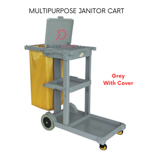 Grey With Cover Commercial Janitor Cart Heavy Duty Cleaner Trolley ...