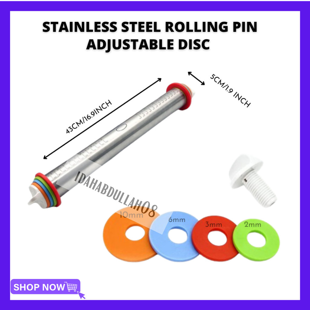 Stainless Steel Rolling Pin with Adjustable Disc Penggelek Biskut Doh ...