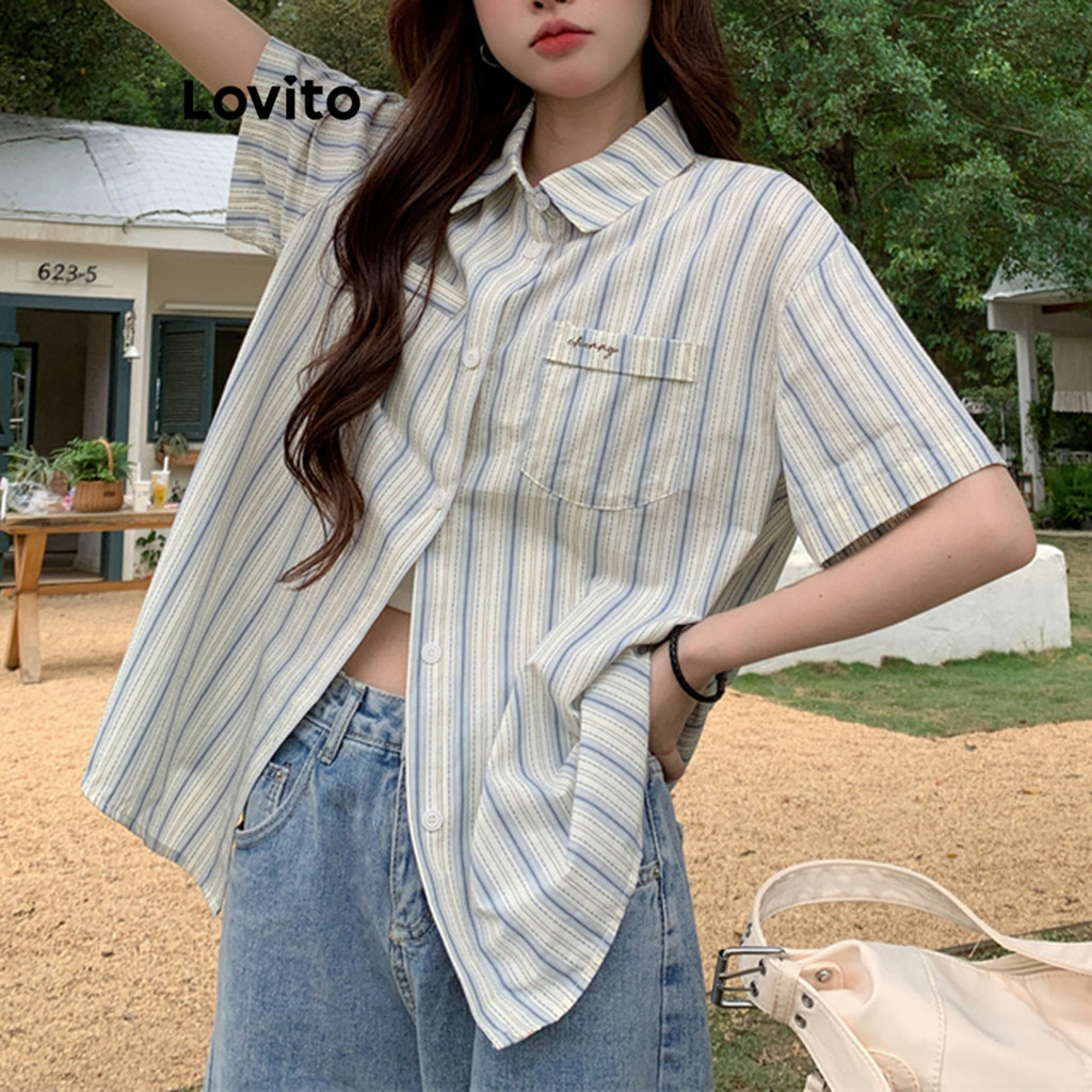 Lovito Preppy Striped Pocket Button Front Blouse for Women LNE46460 ...