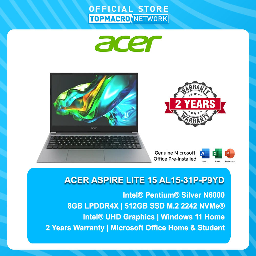 ACER ASPIRE LITE | AL15-31P-P9YD Pentium® Silver N6000 | 8GB/512GB SD | 15.6" | STEEL GREY ...