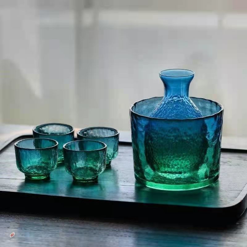 Japanese style sake glasses, glass set, wine pot with wooden ...