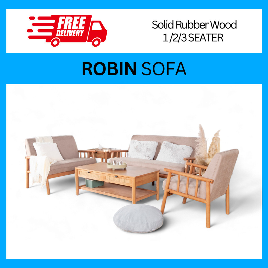 Robin Solid Rubberwood Light Walnut Sofa - 1 Seater / 2 Seater / 3 ...