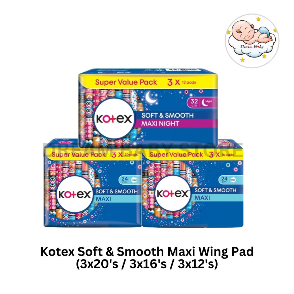 Kotex Soft & Smooth Maxi Wing / Non-Wing Pad (24cm / 32cm) [3x20's / 3x16's / 3x12's] | Shopee ...