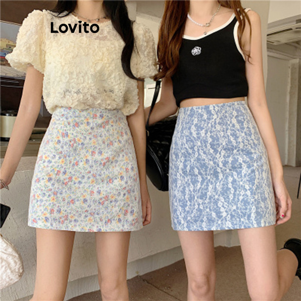 Lovito Casual Ditsy Floral Lace Skirts for Women LNE43351 Rok Renda ...