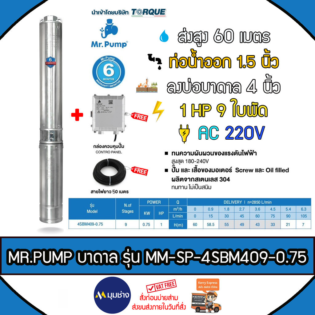 MR.PUMP AC Submersible Pump Model 4SBM409-0.75 (220V) 1 HP 9 Blades Maximum Delivery 60 Meters 1 ...