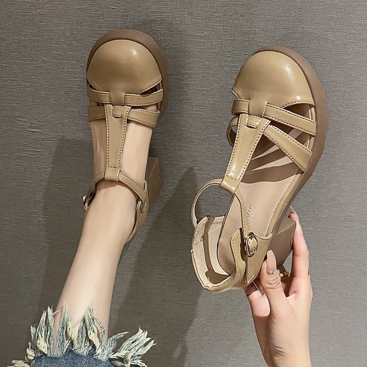 Women Sandals Fashionable Woven Toe-Covered Thick Heel Retro Roman ...